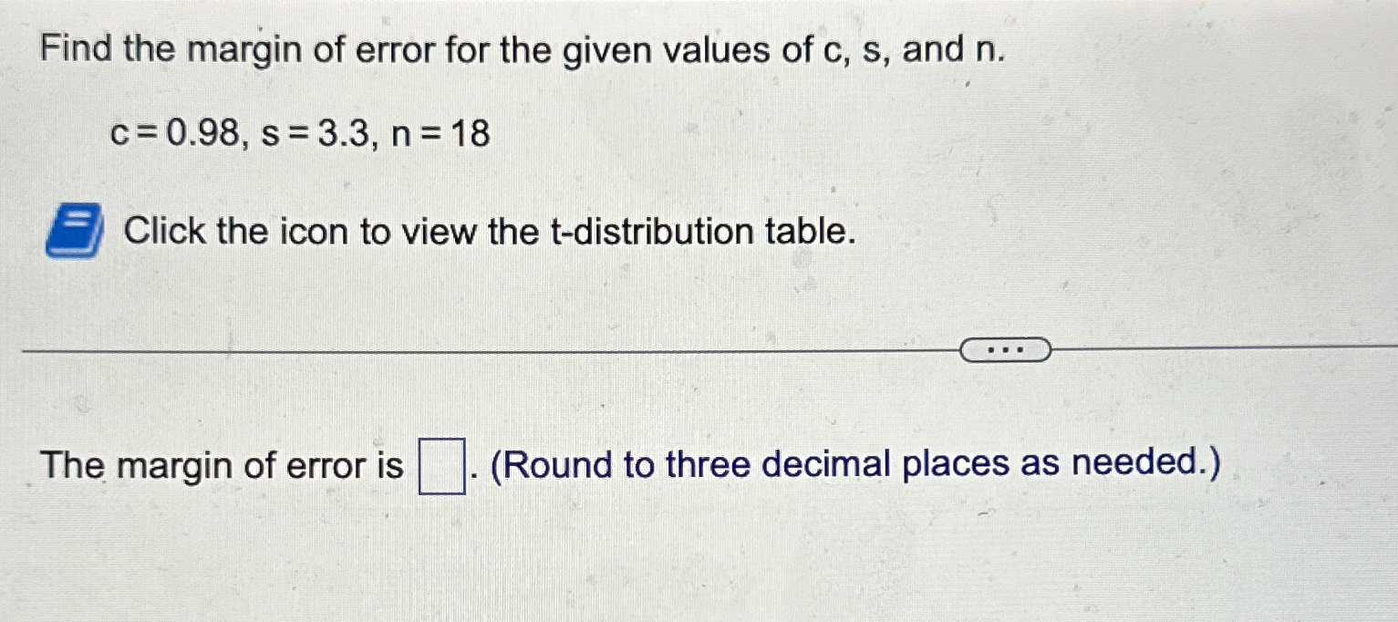 Find the margin of error for the given values of c,s, | Chegg.com