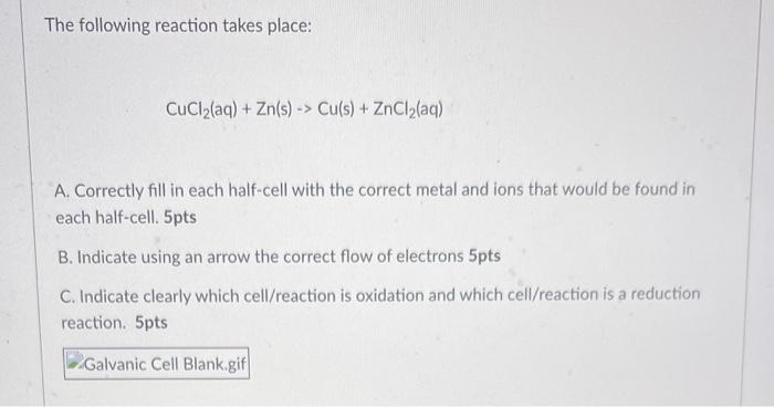 Solved The following reaction takes place: CuCl2(aq) + Zn(s) | Chegg.com
