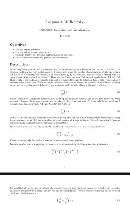 Assignment 04: Recursion COSC 23:36: Data Structures | Chegg.com
