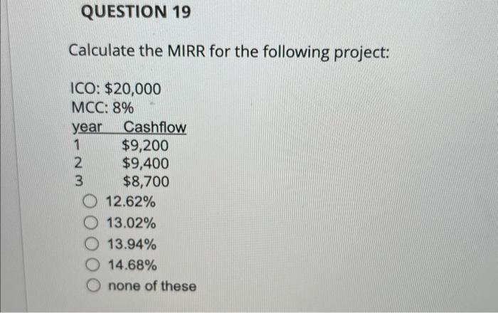 Solved Calculate the MIRR for the following project: 12.62% | Chegg.com