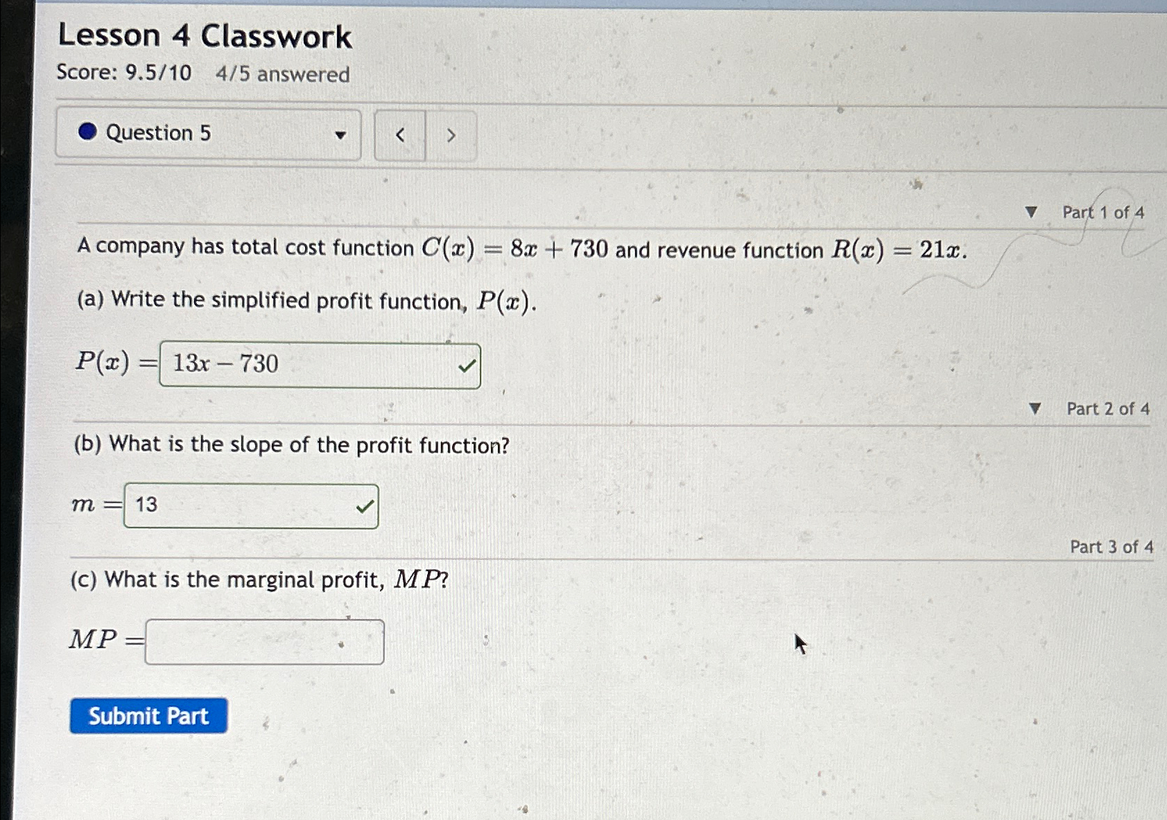 Solved Lesson 4 ﻿ClassworkScore: 9.5104/5 ﻿answeredQuestion | Chegg.com