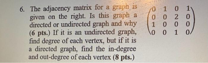 Solved 6. The adjacency matrix for a graph is given on the | Chegg.com