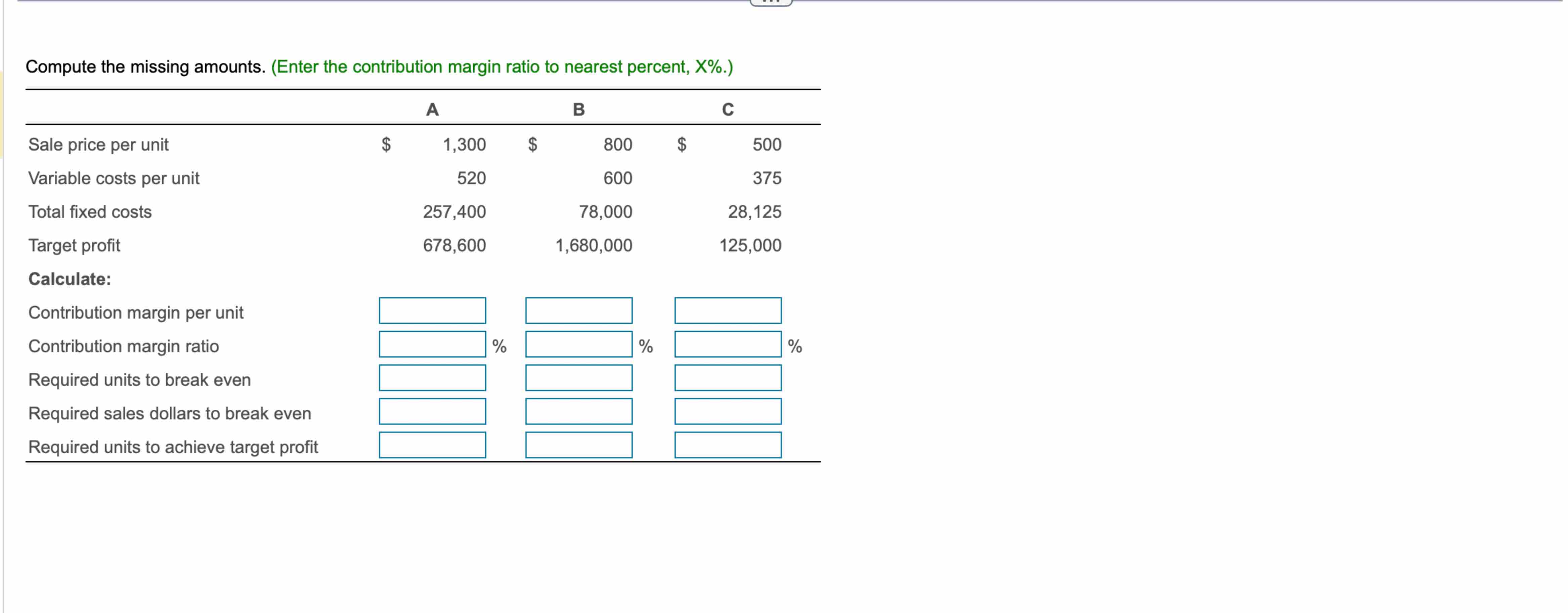Solved Compute the missing amounts. (Enter the contribution | Chegg.com