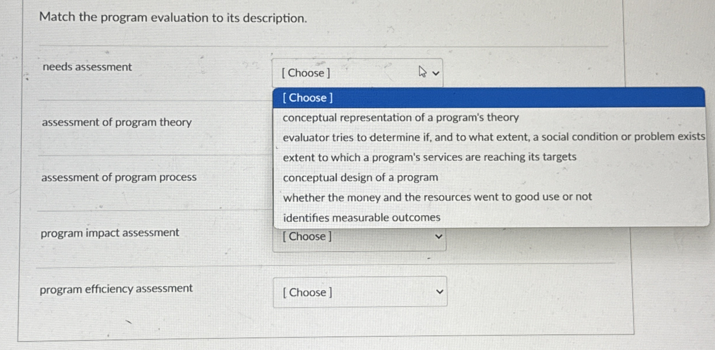 Solved Match the program evaluation to its description.needs | Chegg.com