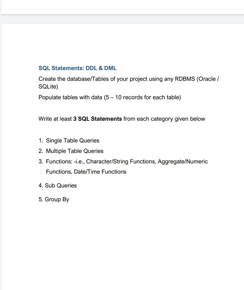 Solved SQL Statements: DDL & DML Create the database/Tables | Chegg.com