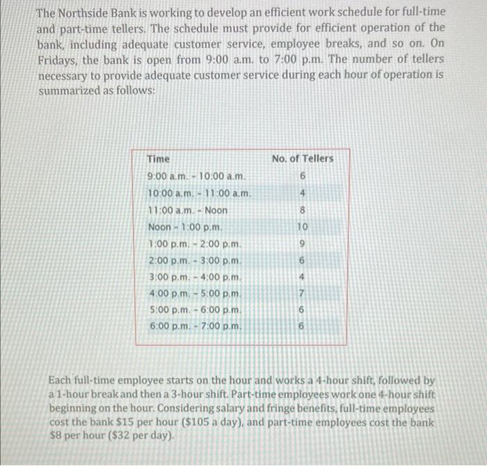Solved The Northside Bank is working to develop an efficient | Chegg.com