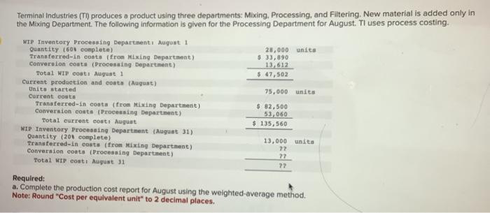 Solved Terminal Industries (Ti) produces a product using | Chegg.com