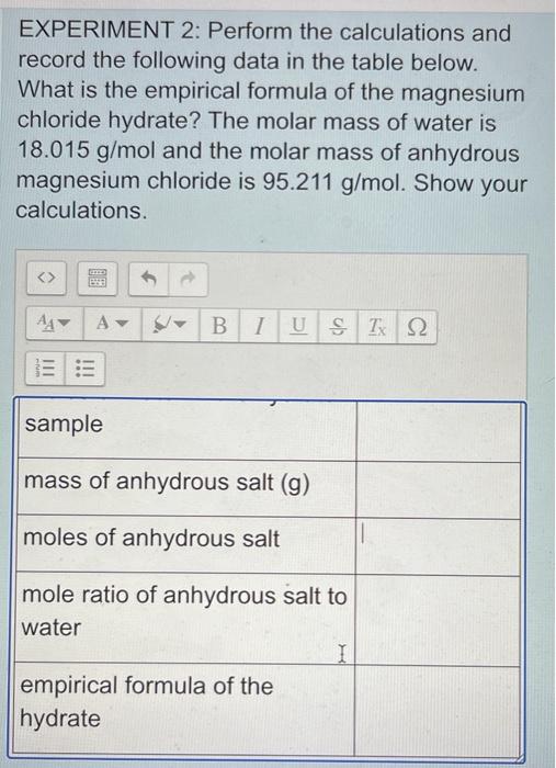 Solved EXPERIMENT 2: Perform the calculations and record the | Chegg.com