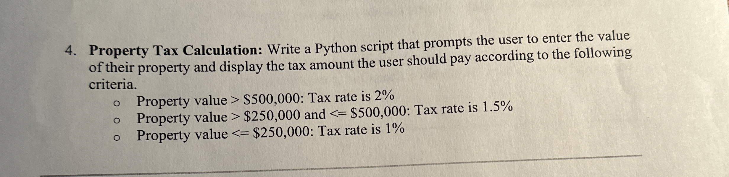 Solved Property Tax Calculation: Write a Python script that | Chegg.com