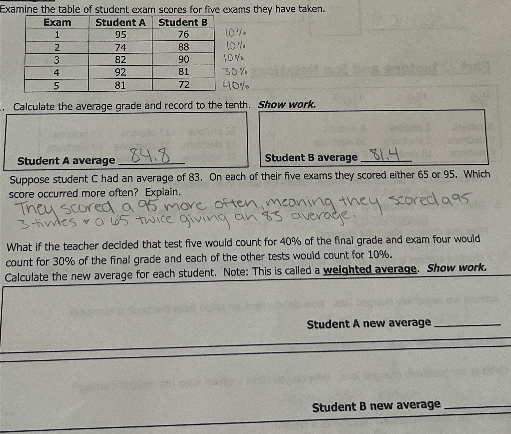 Solved Examine the table of student exam scores for five | Chegg.com