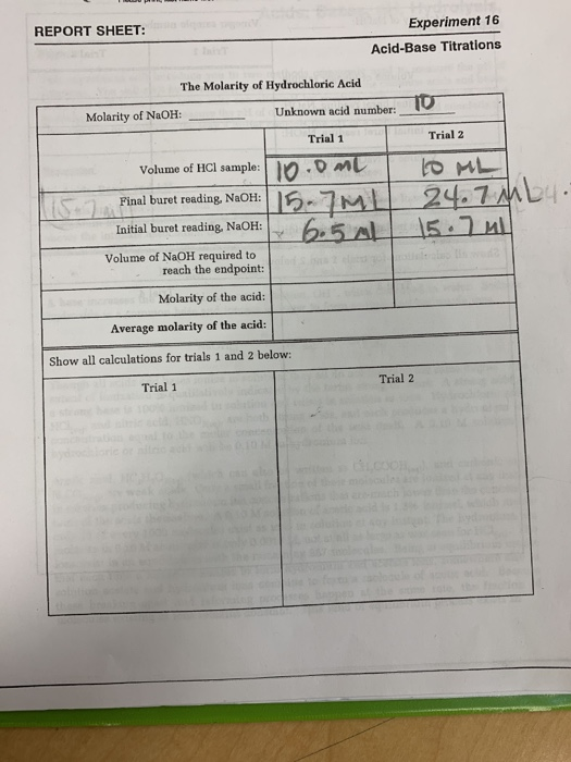 REPORT SHEET: Experiment 16 Acid-Base Titrations | Chegg.com