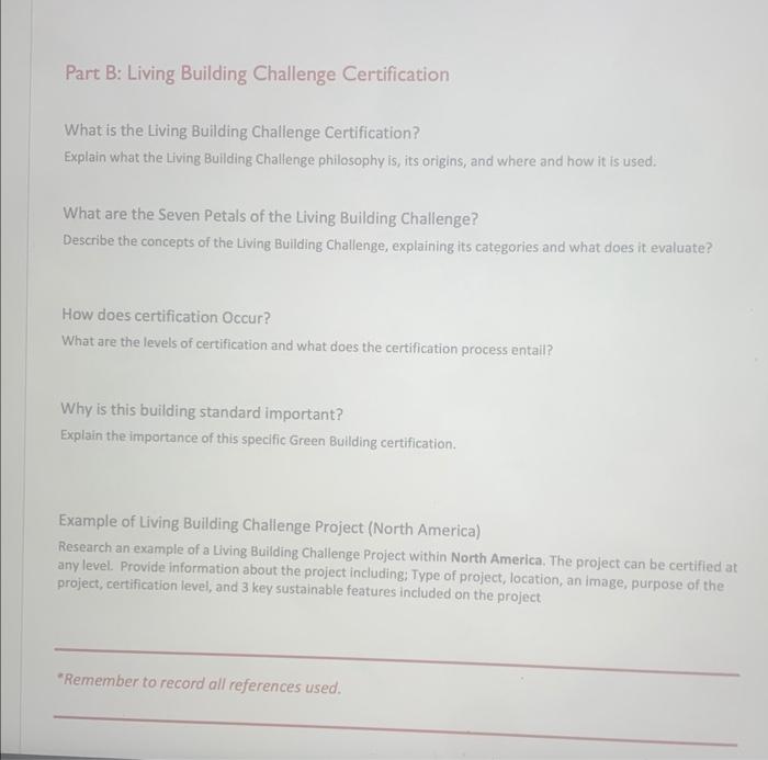Solved Part B: Living Building Challenge Certification What | Chegg.com