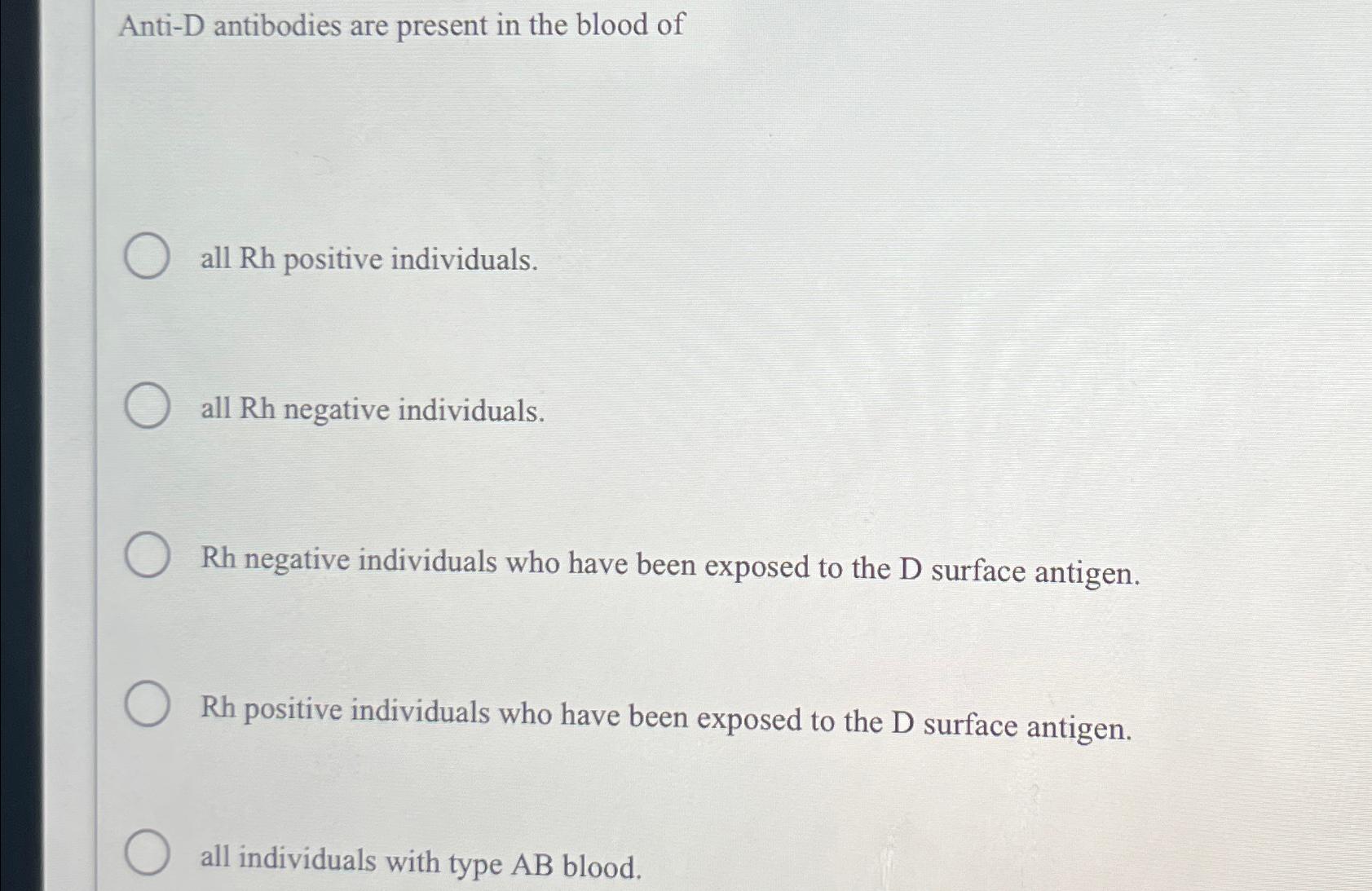 Solved Anti-D antibodies are present in the blood ofall Rh | Chegg.com