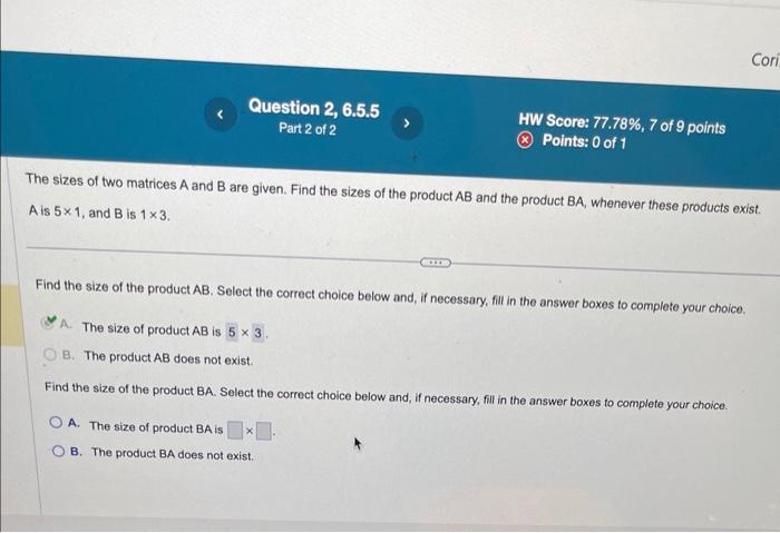 Solved The sizes of two matrices A and B are given. Find the | Chegg.com