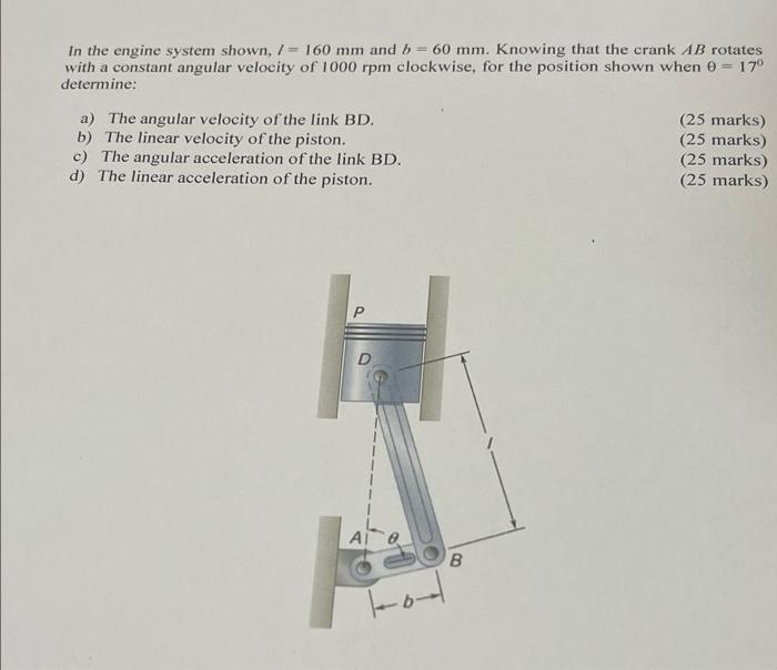 Solved In the engine system shown, 1 = 160 mm and b = 60 mm. | Chegg.com