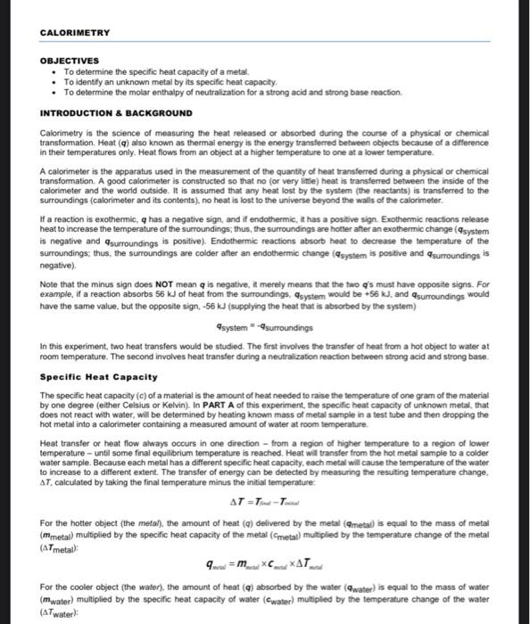 Solved CALORIMETRY OBJECTIVES • To determine the specific | Chegg.com