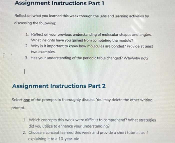 Solved I Assignment Instructions Part 1 Reflect on what you | Chegg.com