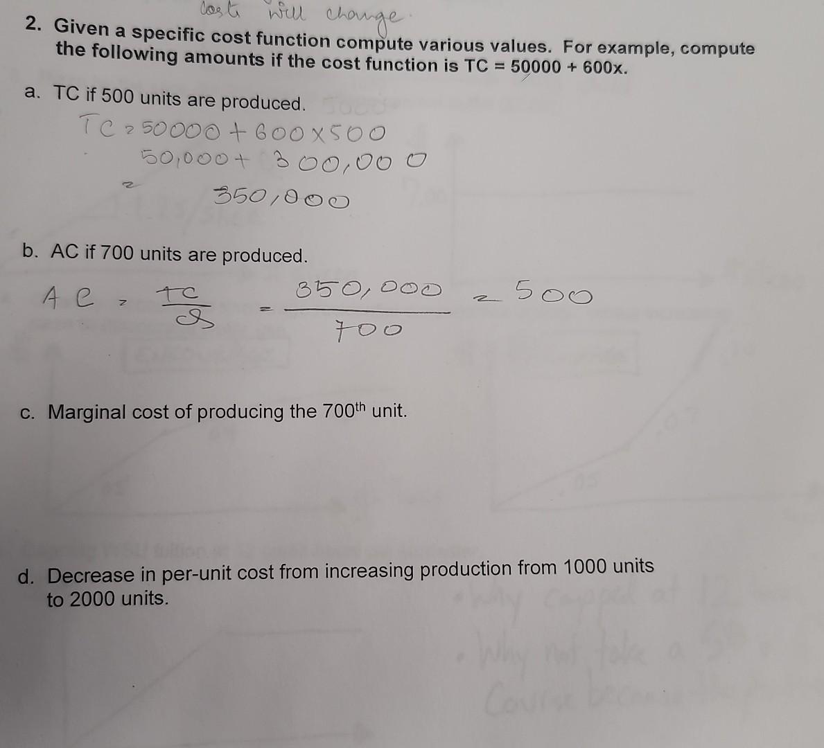 Solved 2. Given a specific cost function compute various | Chegg.com