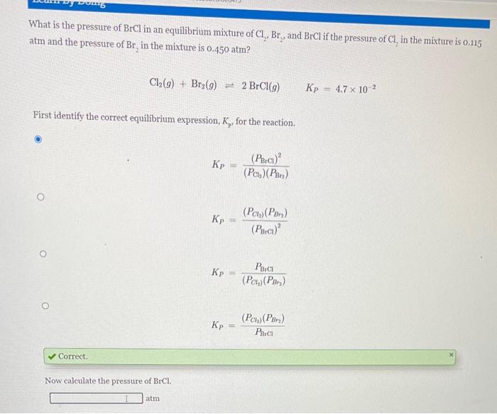 Solved What is the pressure of BrCl in an equilibrium | Chegg.com