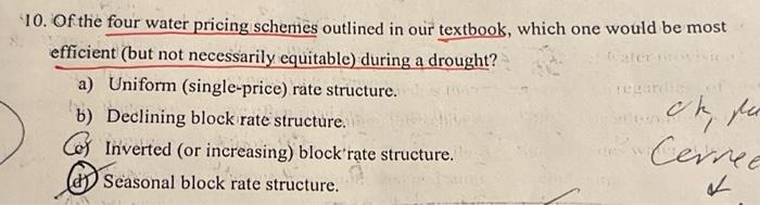 Solved 10. Of the four water pricing schemes outlined in our | Chegg.com