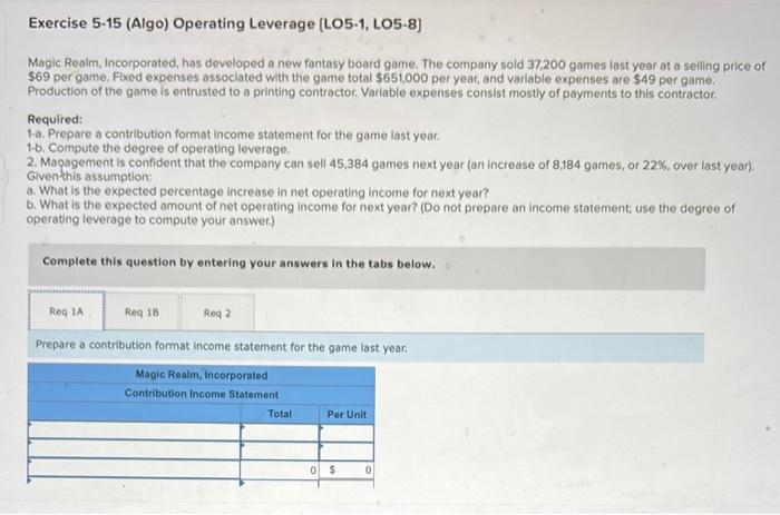 Solved Exercise 5-15 (Algo) Operating Leverage (LO5-1, | Chegg.com