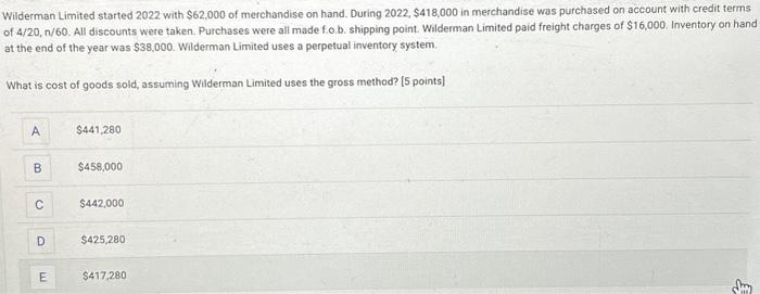 Solved Wilderman Limited started 2022 with $62,000 of | Chegg.com