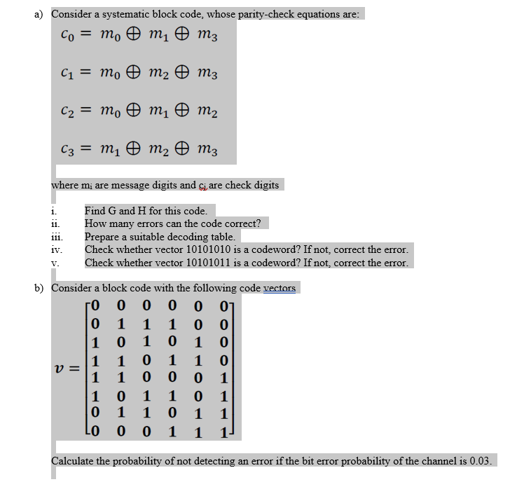 a) ﻿Consider a systematic block code, whose | Chegg.com