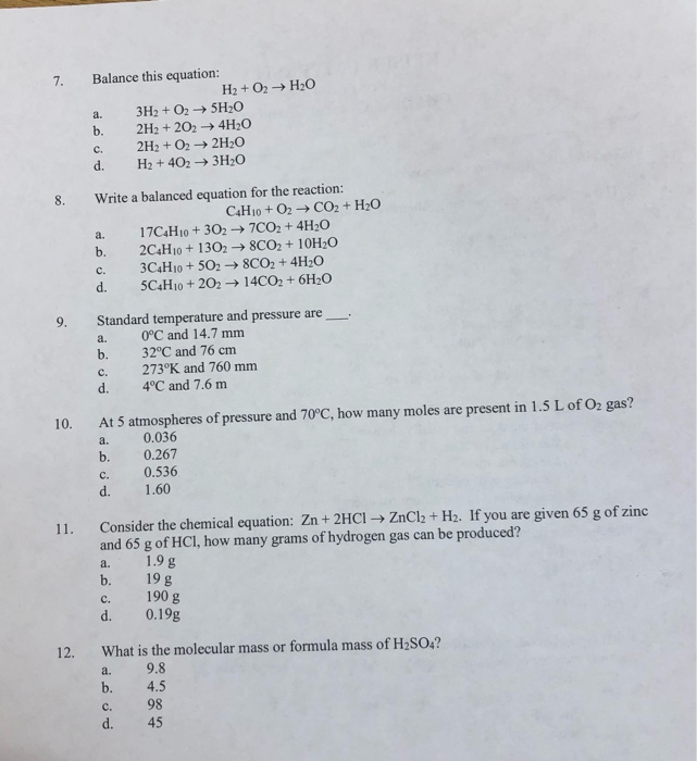 Solved Balance this equation: 7. H2 + O2 → H20 3H2 + O2 → | Chegg.com