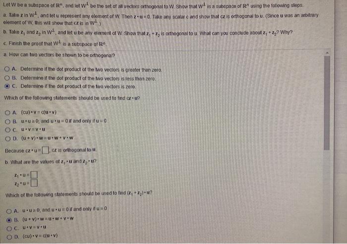 Solved Let W be a subspace of R", and te w+ be the set of | Chegg.com