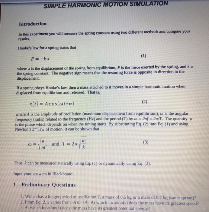 Solved SIMPLE HARMONIC MOTION SIMULATION Introduction In | Chegg.com