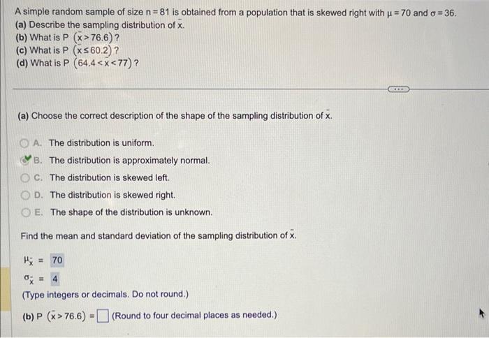 Solved A simple random sample of size n=81 is obtained from | Chegg.com