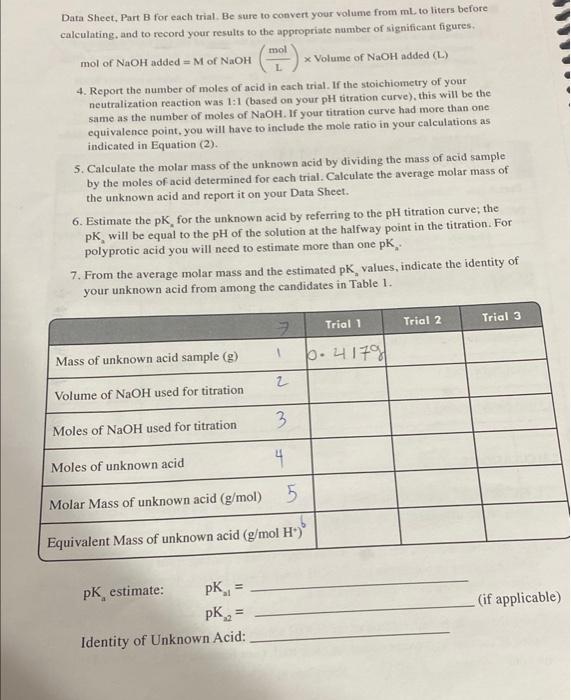 Data Sheet, Part B for each trial. Be sure to convert | Chegg.com
