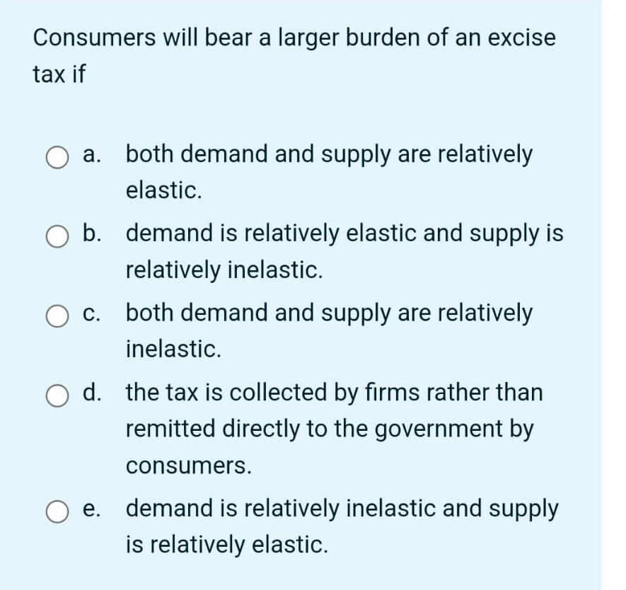 Solved Consumers will bear a larger burden of an excise tax | Chegg.com