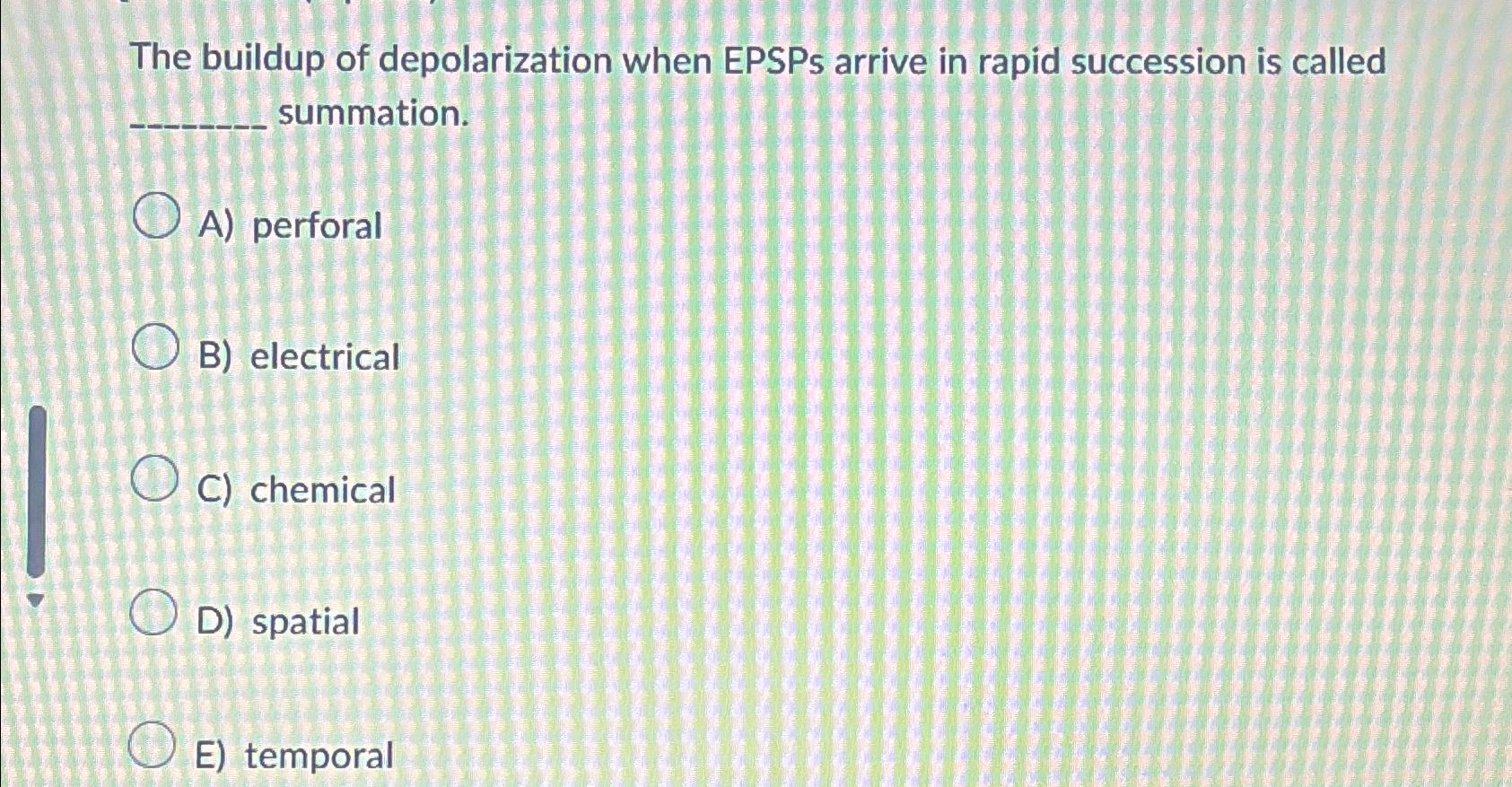 Solved The buildup of depolarization when EPSPs arrive in | Chegg.com