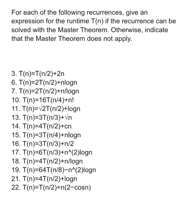 Solved Computer ScieneceMaster Theorem problemsI would like | Chegg.com