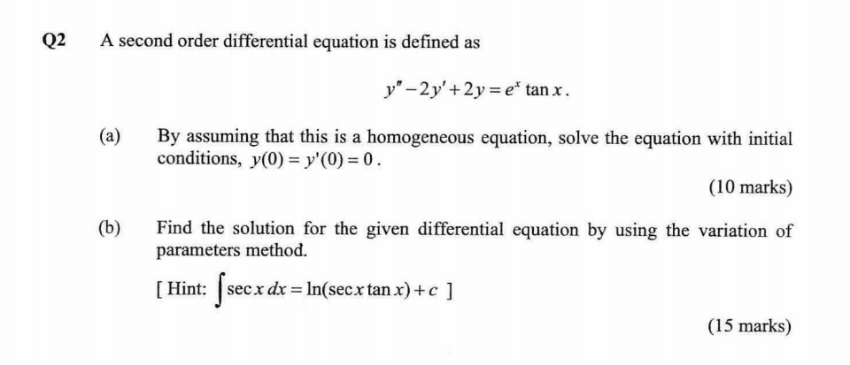 Solved Q2 ﻿A second order differential equation is defined | Chegg.com