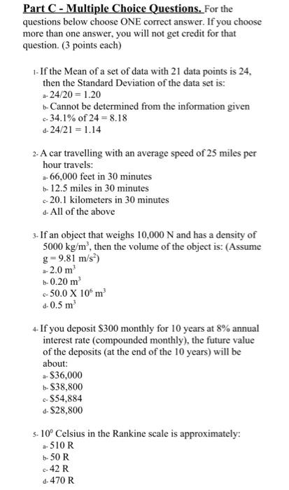 Solved Part C Multiple Choice Questions For The Questions