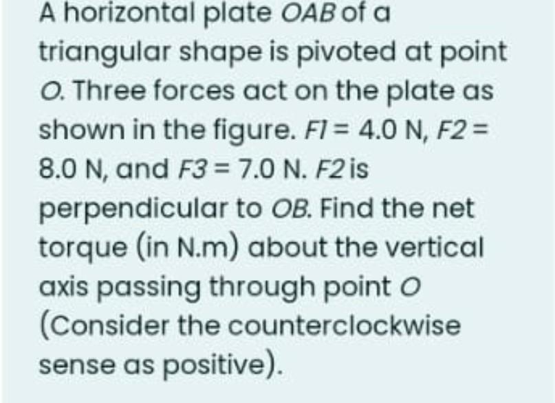 Solved A horizontal plate OAB of a triangular shape is | Chegg.com