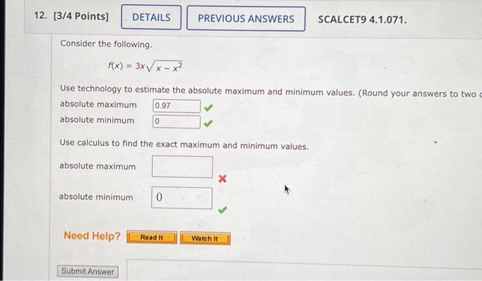Solved 12. [3/4 Points] Consider the following. DETAILS f(x) | Chegg.com