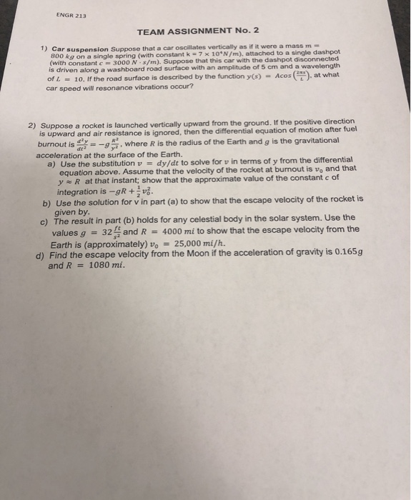 ENGR 213 TEAM ASSIGNMENT No. 2 1) Car suspension | Chegg.com