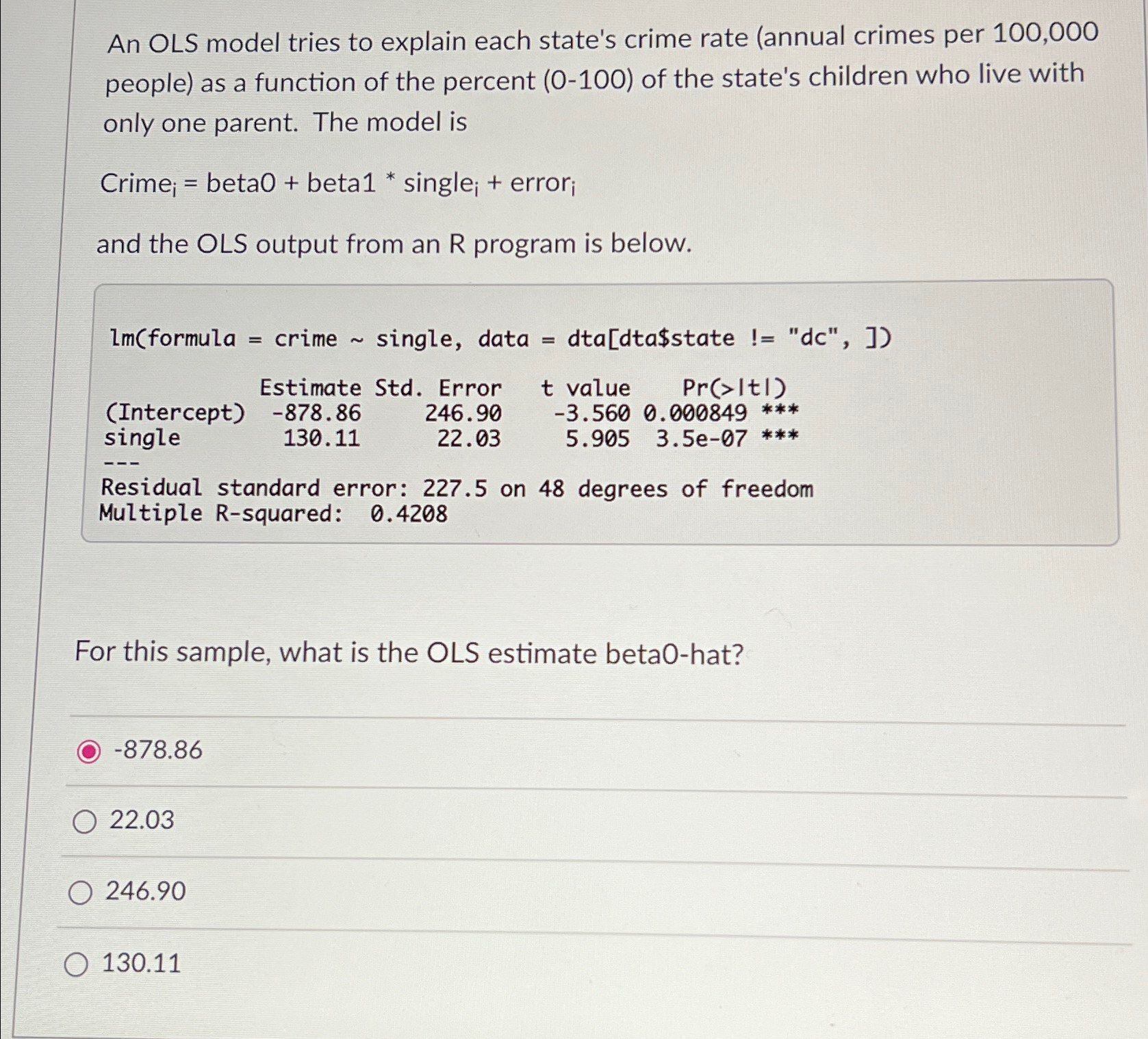 Solved An OLS model tries to explain each state's crime rate | Chegg.com