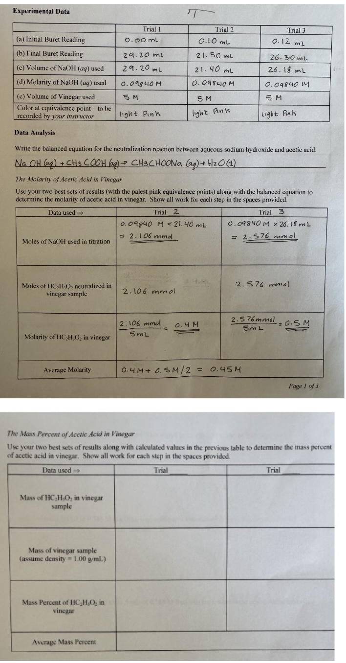 Solved Experimental Data\table[[,Trial 1,Trial 2,Trial | Chegg.com