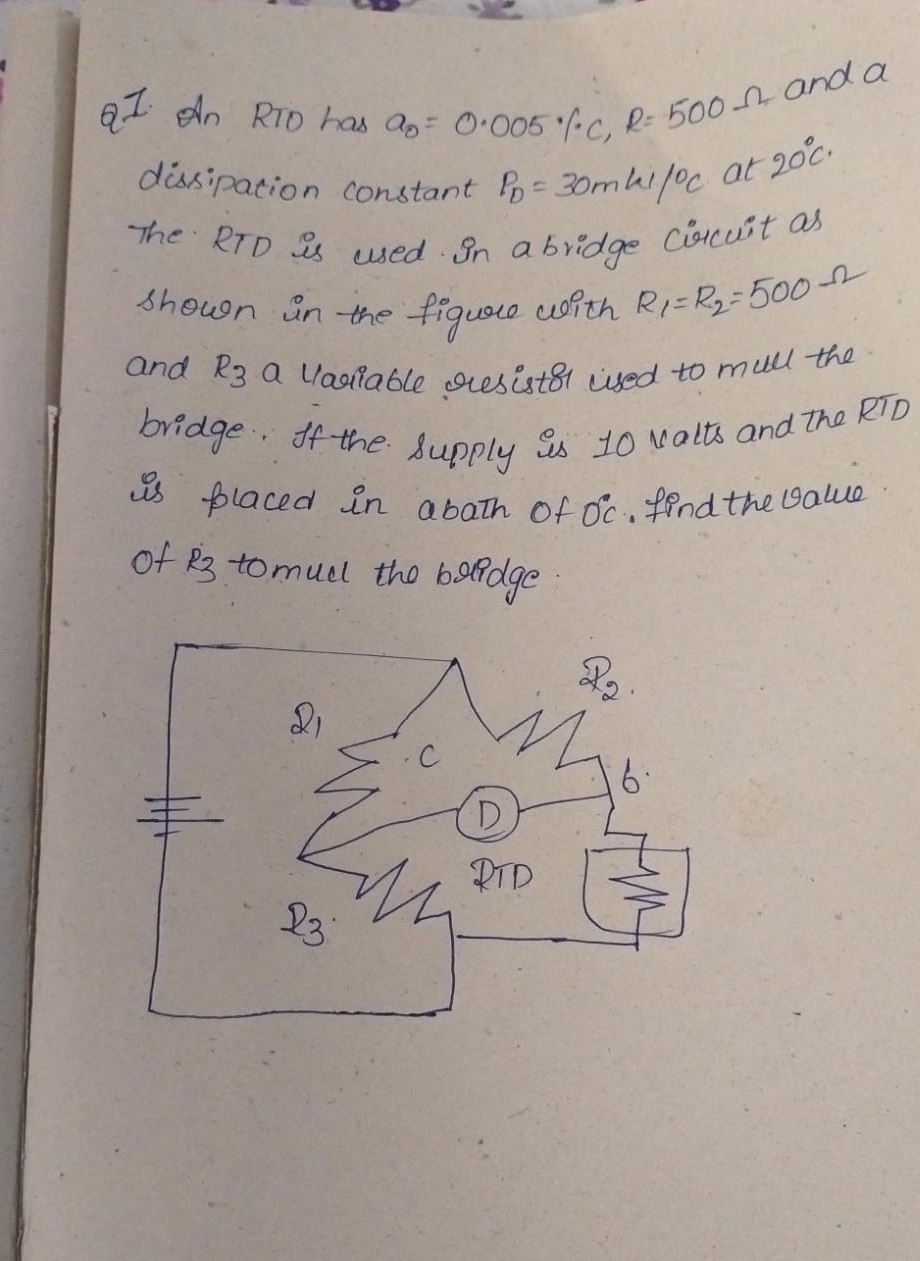 Solved Q1. ﻿An RTD has a0=0.005%c,R=500Ω ﻿and a dissipacion | Chegg.com