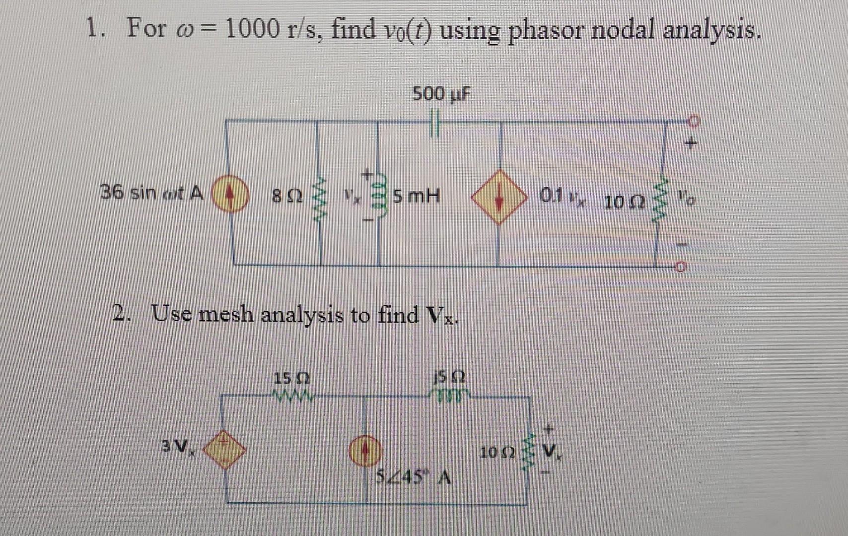 1. For ω=1000r/s, find v0(t) using phasor nodal | Chegg.com