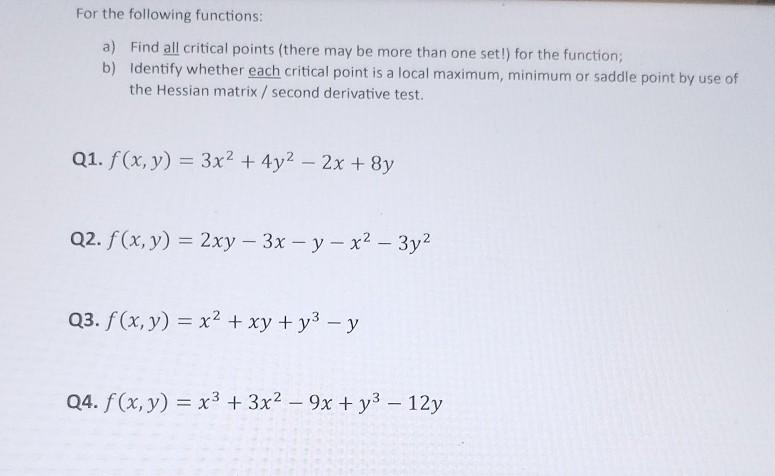 Solved 1. Find all the critical points for the function 2. | Chegg.com