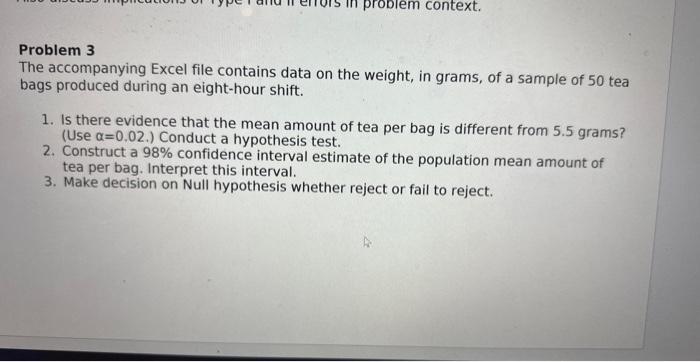 Solved Problem 3 The accompanying Excel file contains data | Chegg.com