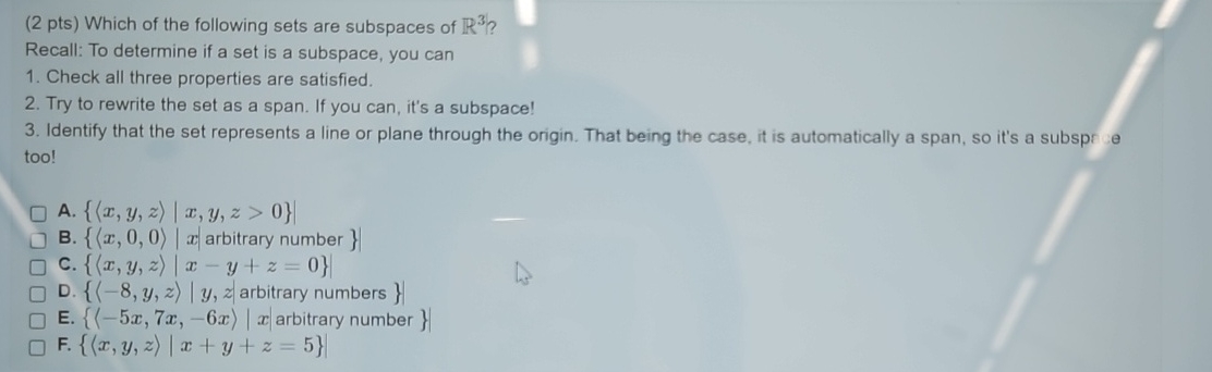 Solved (2 ﻿pts) ﻿Which of the following sets are subspaces | Chegg.com