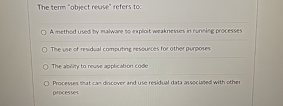 Solved The term "object reuse" refers to:A method used by | Chegg.com