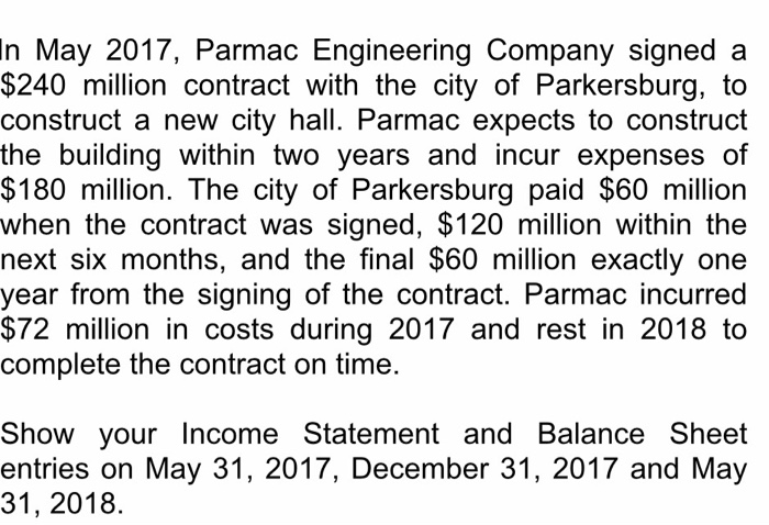 Solved In May 2017, Parmac Engineering Company signed a $240 | Chegg.com