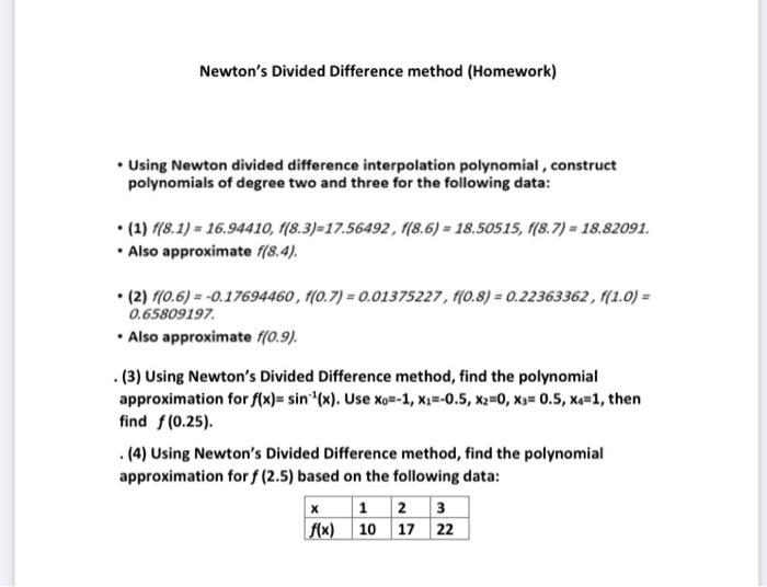 Solved Newton's Divided Difference method (Homework) . Using | Chegg.com